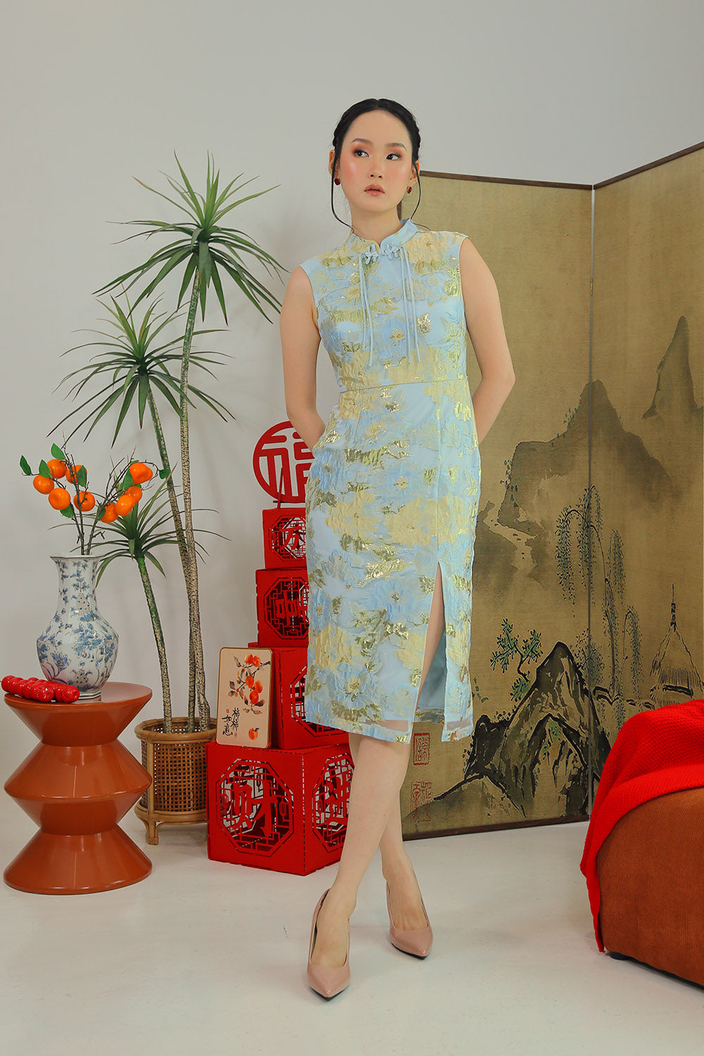 Fortune Cloud Cheongsam Dress in Celestial Blue Gold – JULY Fashion