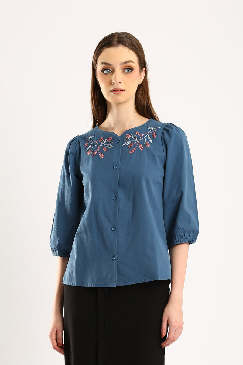 100% Cotton Embroidered Blouse in Slate Blue – JULY Fashion